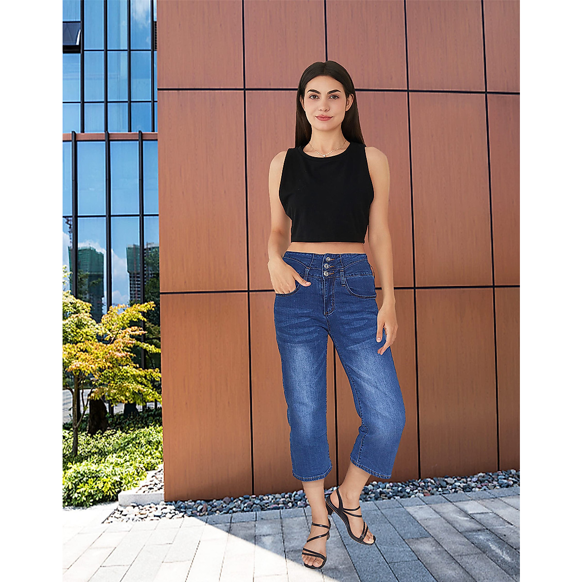 Slarkydog Women's Wid Leg Cropped Jeans High Rise Straight Leg Denim Jean Plain Pattern Loose Pants, Dark Blue, Size 14