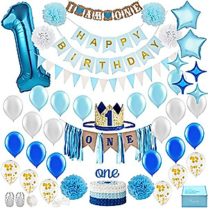 Baby Boy 1st Birthday Decorations With Birthday Crown - First Birthday Boy Decorations - Cake Smash Party Supplies - Happy Birthday and HighChair One Burlap Banner, Number One Balloon, Cake Topper.