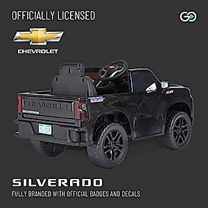 12V Chevy Silverado Ride On Truck with HIGH Speed Mode (5 MPH) & Parent Remote Control, Kid's Battery Powered Licensed Electric Vehicle, LED Lights, Real Tailgate, & Truck Sounds, by ReadyGO - Black