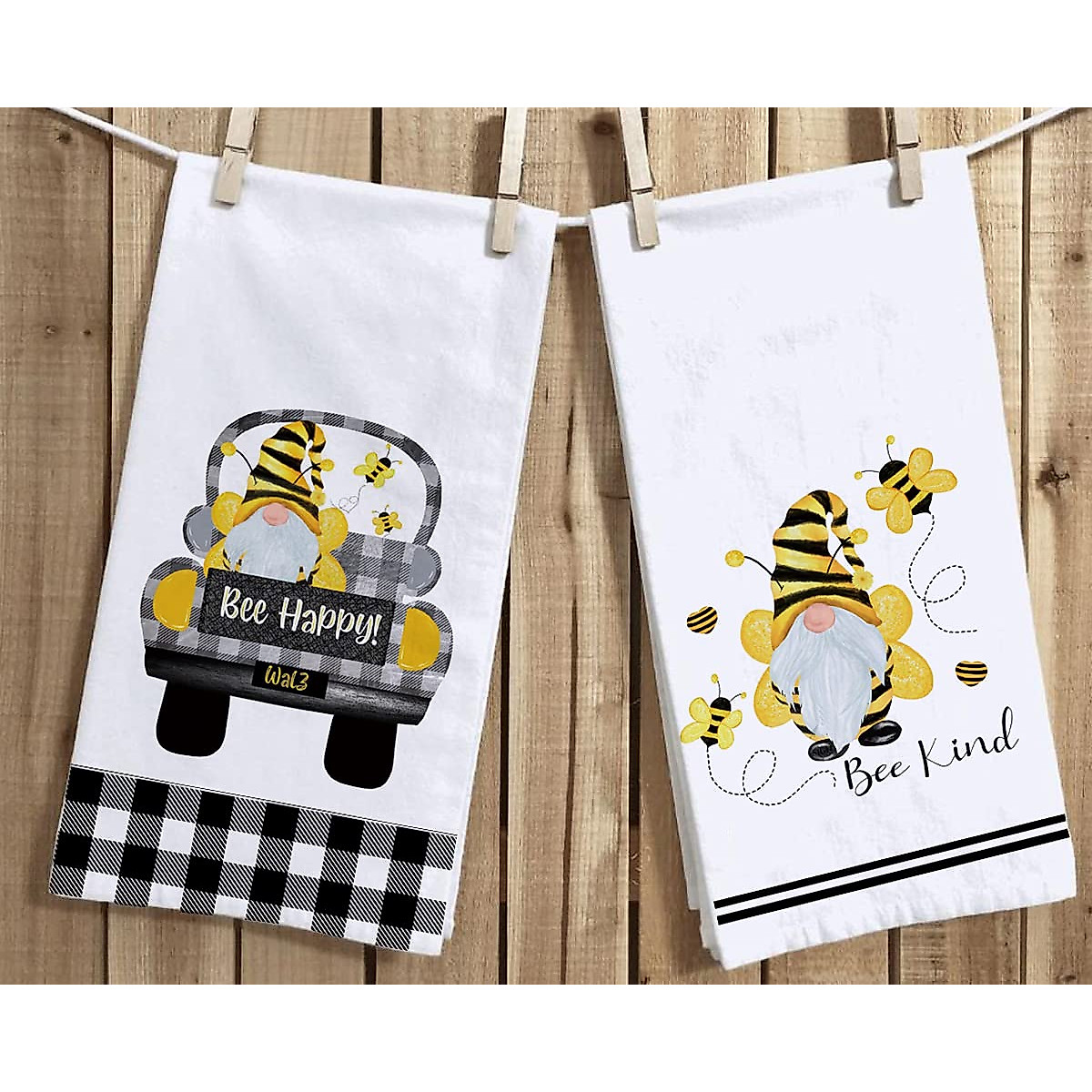 Set of 2 Buffalo Plaid Bee Gnome Kitchen Dish Towel 18 x 28 Inch, Seasonal Spring Summer Bee Happy Tea Towels Dish Cloth for Cooking Baking