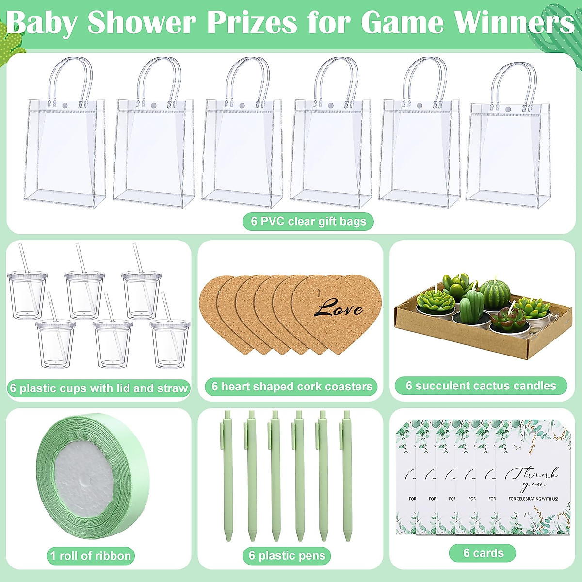 MotiMind 6 Sets Baby Shower Prizes for Game Winners Succulent Candle Double Wall Tumbler Heart Cork Coaster Insulated Ballpoint Pen Gift Bag Baby Shower Bridal Shower Game Prizes