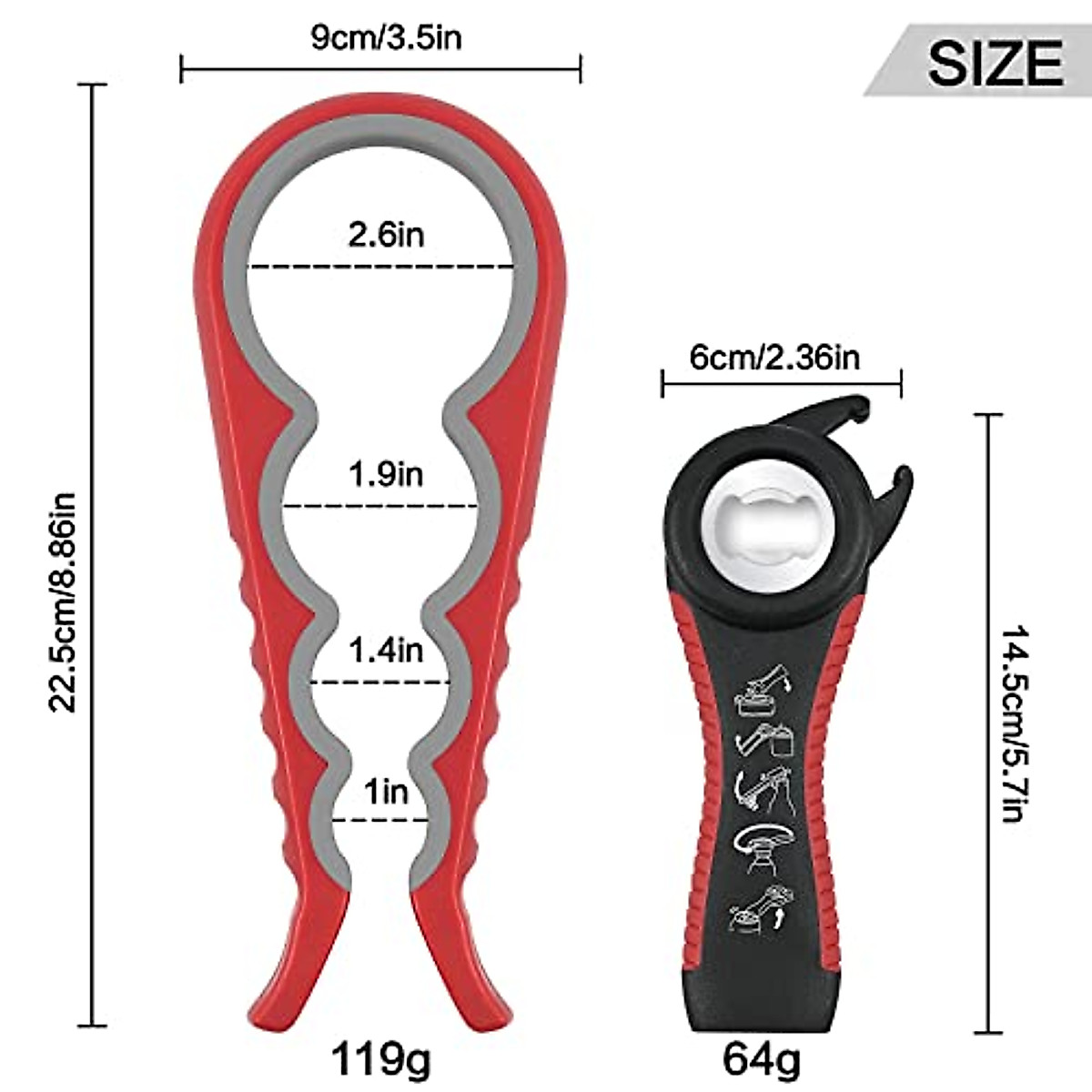 Elyum Jar Opener, 5 in 1 Bottle Opener Multi-Function Can Opener with Silicone Handle, Jar Opener for Weak Hands, Seniors with Arthritis, Lid Opener for Children (Red, 2-Piece Set)