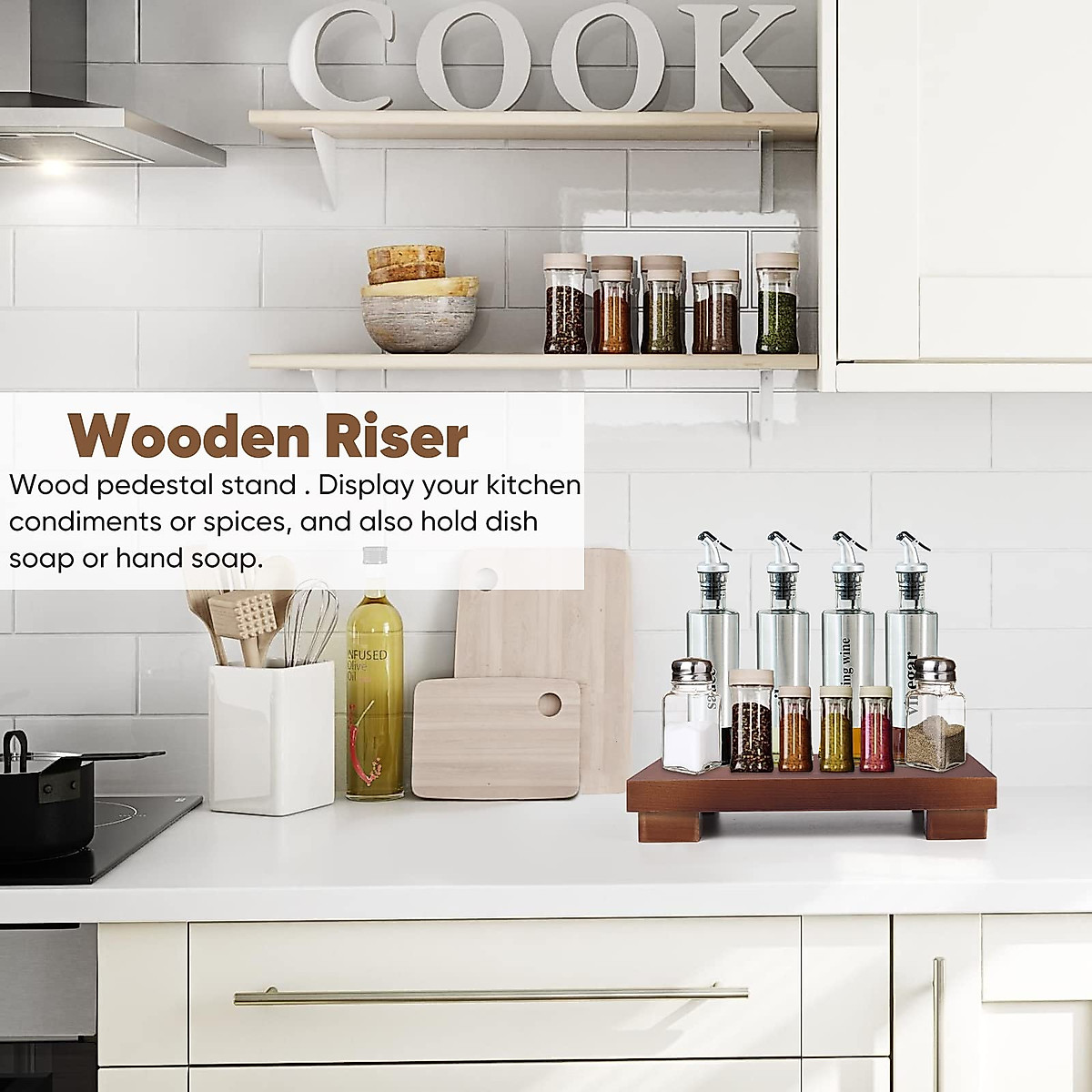 Wood Pedestal Soap Stand,Bathroom Tray,Farmhouse Wood Riser,Soap Tray Holder for Kitchen,Soap Dish Counter Decor for Plant Bottles Candles Display-Brown