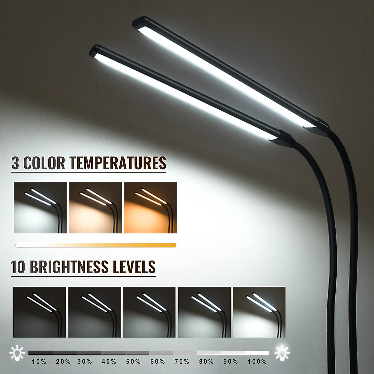 CeSunlight Desk Lamp, Clamp on Lamp with 2 LED Tubes, 13W, 1200 LMS, 3 Color Modes, 10 Brightness Levels, 18.5 Inches Flexible Gooseneck LED Clip Book Light for Reading, Working (Adapter Included)