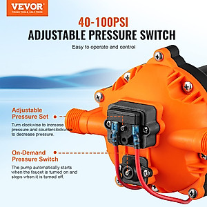 VEVOR Water Diaphragm Pump, 12V DC, 5.5 GPM Flow, 70 PSI Rated Pressure (40-100 PSI Adjustable), 1/2" MNPT Self Priming Sprayer Pump with Pressure Switch for Car Washing, Agricultural Irrigation