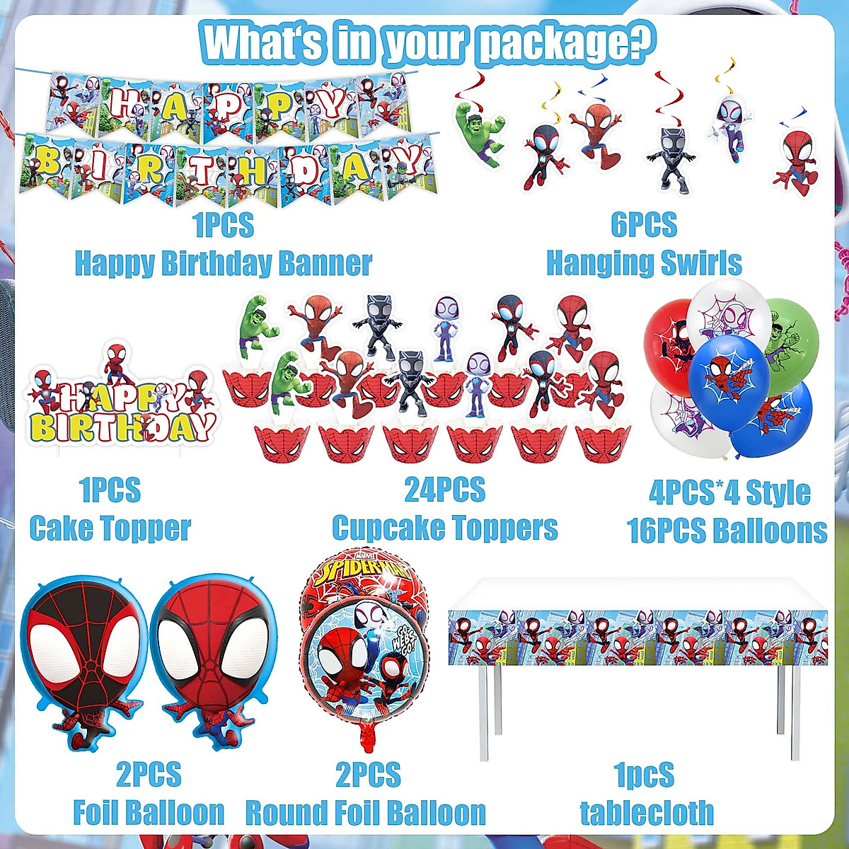 Spidey and His Amazing Friends Birthday Decorations, Spidey and Friends Party Supplies Include Banner, Foil Balloons, Cake Toppers, Tablecloth for Spidey Theme Party