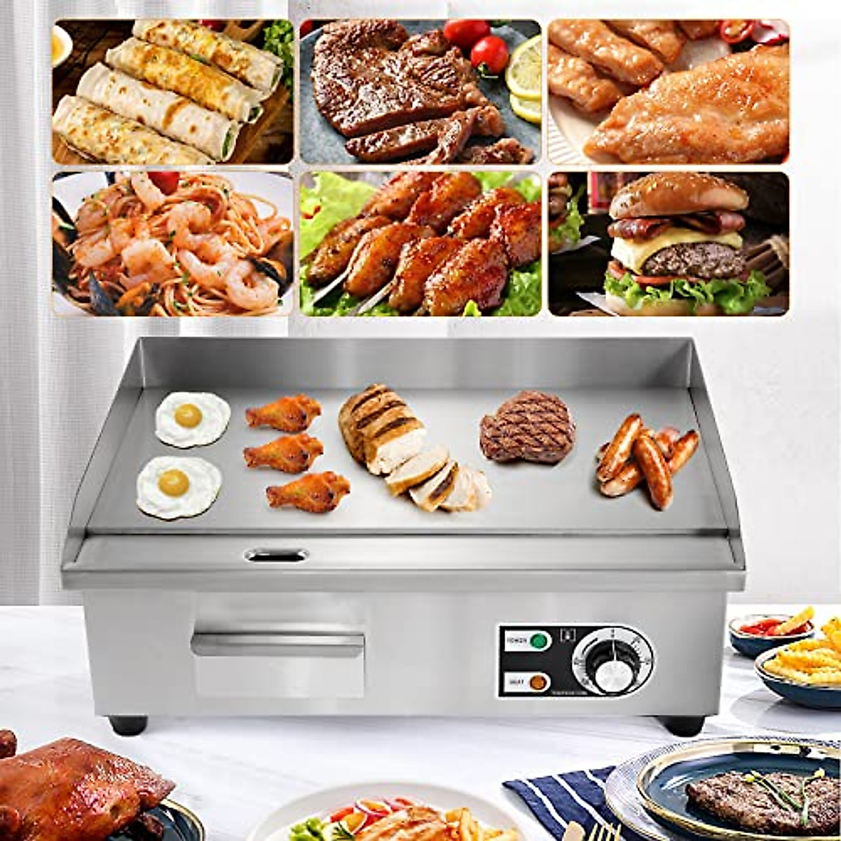 WICHEMI 22" Electric Griddle Grill Commercial Countertop Griddle Flat Top Grill Hot Plate Non-Stick Stainless Steel Teppanyaki Grill for Restaurant Kitchen, 110V 3000W