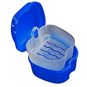 KISEER 2 Pack Colors Denture Bath Case Cup Box Holder Storage Soak Container with Strainer Basket for Travel Cleaning (Light Blue and Blue)