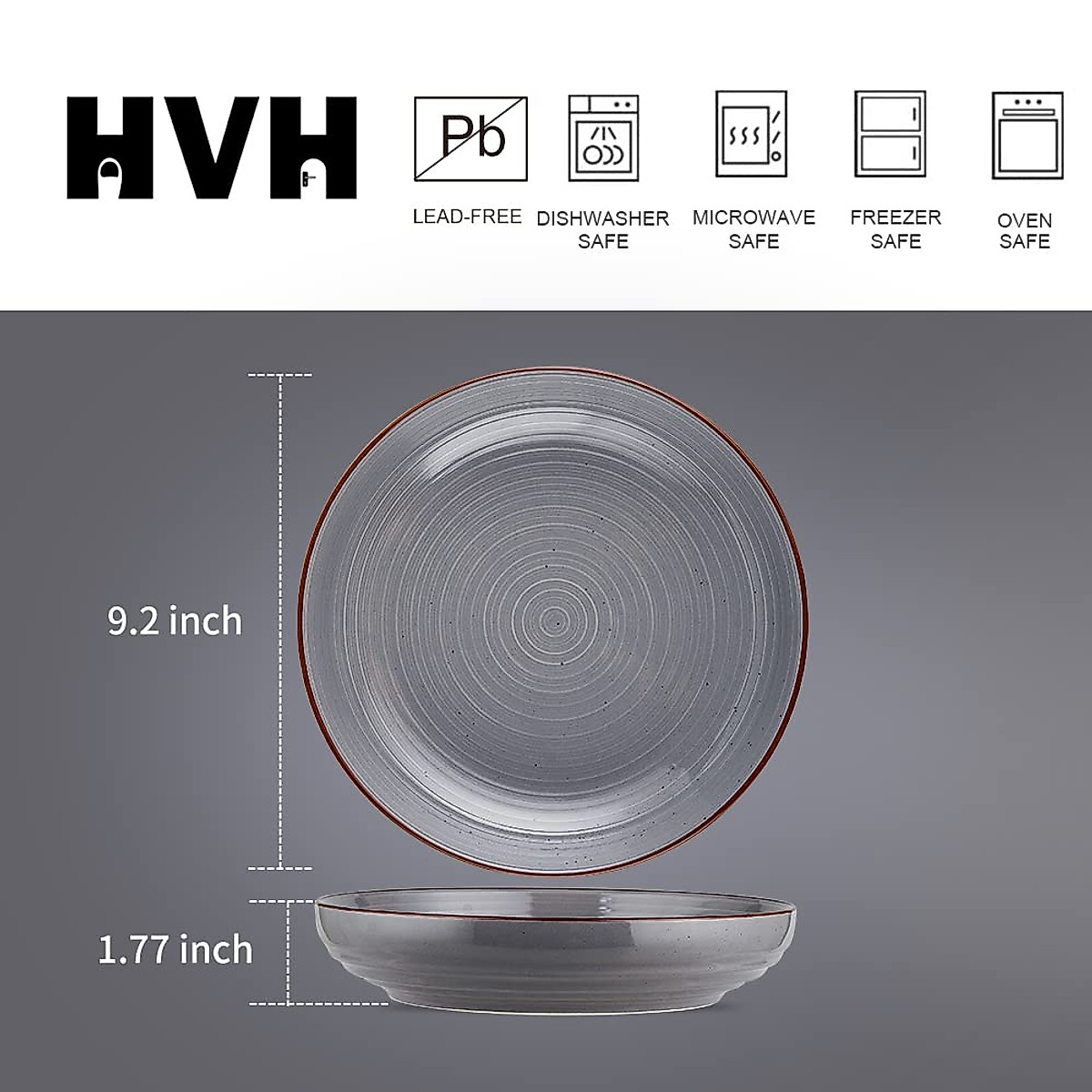 HVH 9.2 inch Large Pasta Bowls Set of 4, 40oz Big Salad Bowl Set of 4, Ceramic Plates Set, Shallow Bowls, Ceramic Bowls Set Microwave and Dishwasher Safe, Farmhouse Style (Grey)