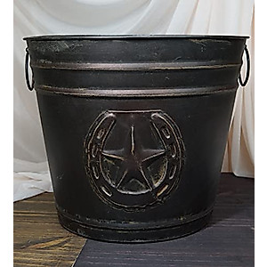 Ebros Rustic Western Texas Lone Star with Lucky Horseshoe Old Fashioned Bucket Metal Floral Vase Or Waste Basket Bin 12.5" Wide Home and Bathroom Accent Country Farmhouse Cowboy Decorative Accent