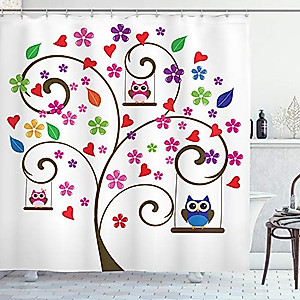 Ambesonne Owls Shower Curtain, Tree with Flowers and Owls Swinging Curvy Ornamental Lines Playful Design, Cloth Fabric Bathroom Decor Set with Hooks, 69" W x 75" L, Multicolor