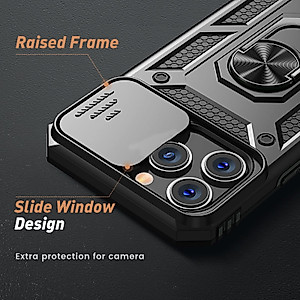 Goton Armor Case for iPhone 13 Pro Max & iPhone 12 Pro Max Case with Sliding Camera Cover & Stand, Heavy Duty Shockproof Protective Rugged Phone Case with 360-degree Rotatable Ring Kickstand - Black