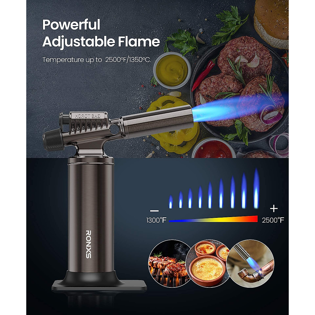 RONXS Butane Torch, Torch Lighter with 25g Large Gas Capacity, Refillable Blow Torch with Max 6'' Big Continuous Adjustable Flame, Industrial Soldering Torch for Cooking DIY Crafts (Gas Not Included)