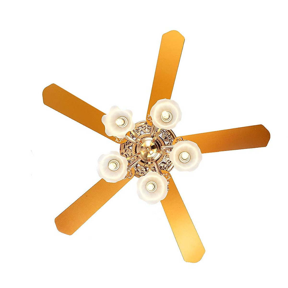 52 Inch Gold Ceiling Fan with LED Light and Remote Control,Creative Design Chandelier Fan Light with 5 Wood Reversible Blades 5 Frosted Glass Lampshades,Quiet Motor