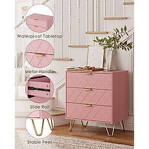 Aobafuir 3 Drawer Dresser for Bedroom, Modern Closet Dressers Chest of Drawers, Storage Dresser Chest Cabinet Organizer Unit, Small Fluted Dresser for Bedroom (Pink Diamond)
