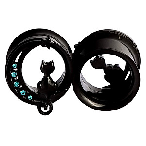 YOFANST Stainless Steel Black Cat on The Moon Ear Expander Piercing Tunnels Gauge 0g