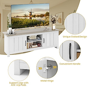 Tangkula 2 Doors TV Stand for TVs up to 65”, 57” TV Console Table w/ 2 Cabinets & Open Shelves, 2 Cable Management Holes. Wood Media Entertainment Center TV Cabinet for Living Room (White Oak)