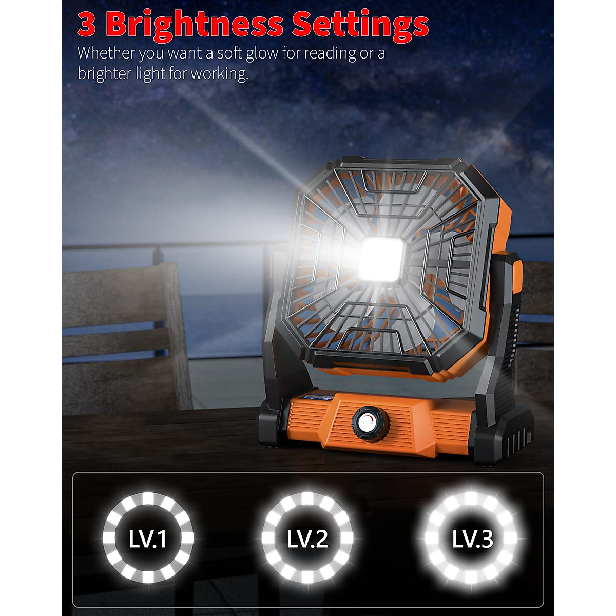 GIPAOE Personal Fan Camping rechargeable, 20000mAh Battery powered fan with LED Lantern,270°Head Rotation, Small Table/USB Desk Fan Portable with Hanging Hook for Travel Camping Tent Office, Orange