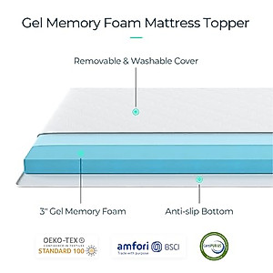 LINSY 3 Inch California King Size Mattress Topper, Gel Memory Foam Bed Topper Cal King with Removable Cover, Adjustable Straps & Non-Slip Bottom for Enhanced Support