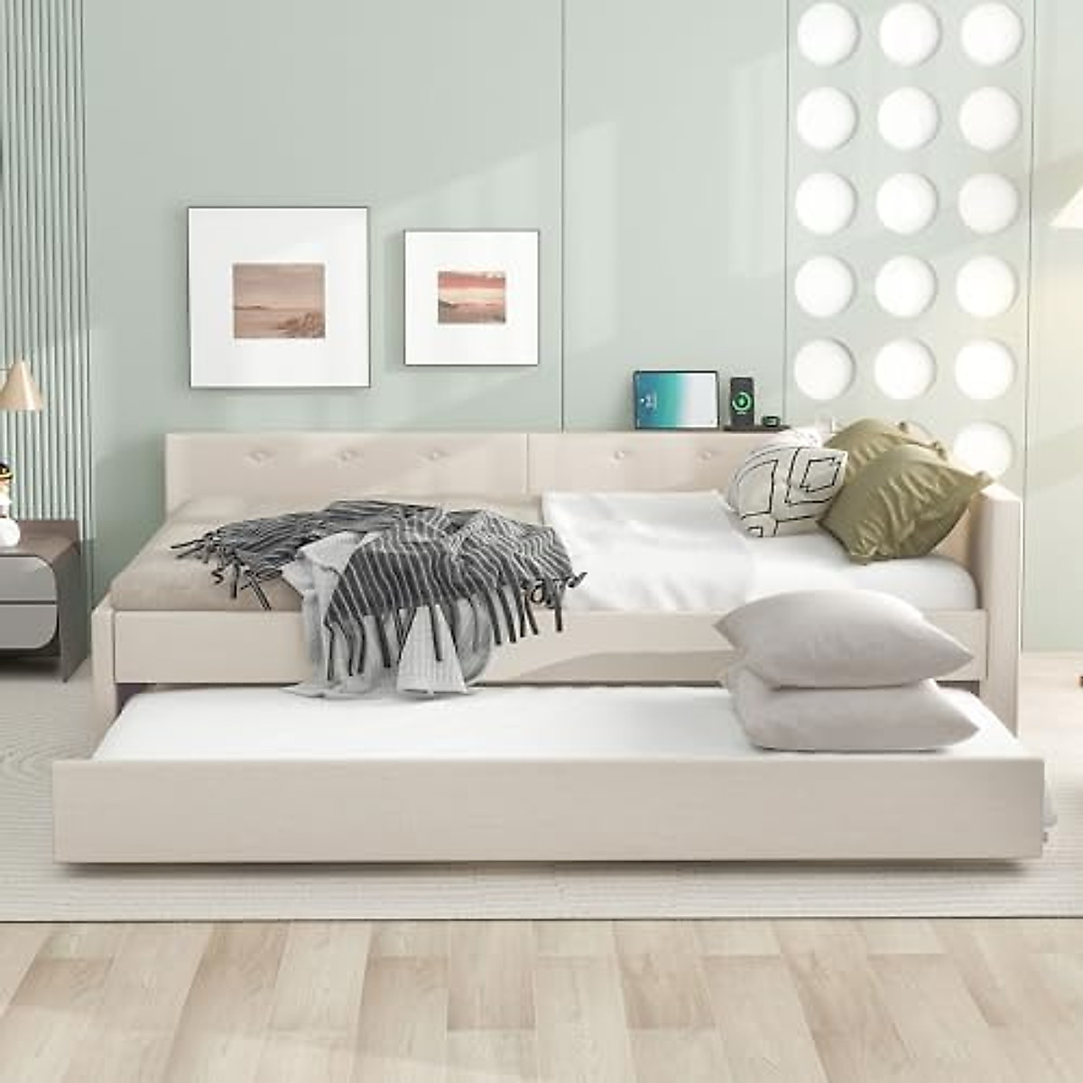 CABSETT Queen Size Upholstered Platform Bed with Trundle, Wood Daybed Frame Sofa Bed with USB for Bedroom Living Room Guest Room, Wood Slat Support, Space Saving Design, Beige