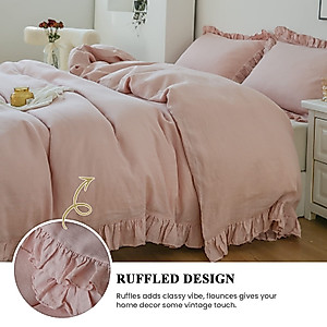 Simple&Opulence 100% Linen Frill Farmhouse Duvet Cover Set,King Size(104''x92''),3 Piece Belgian Flax Bedding(1 Comforter Cover+2 Pillowshams)with Ruffled Edges,Natural Soft and Breathable,Blush Pink