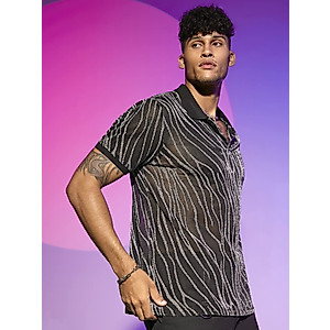 WDIRARA Men's Marble Print Glitter Mesh Sheer Collared Short Sleeve Tee Top Striped Party T Shirt Multicolor S