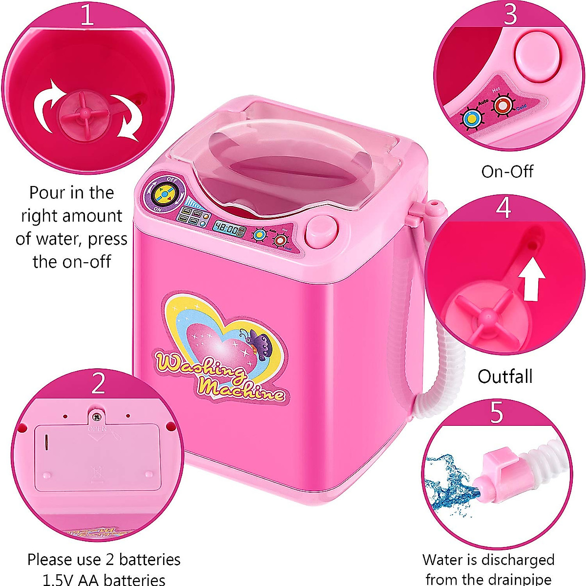 Hsei Mini Toy Washing Machine Makeup Brush Cleaner Plastic Electric Automatic Washing Machine Sponge Cleaning Toy for Girls Ladies