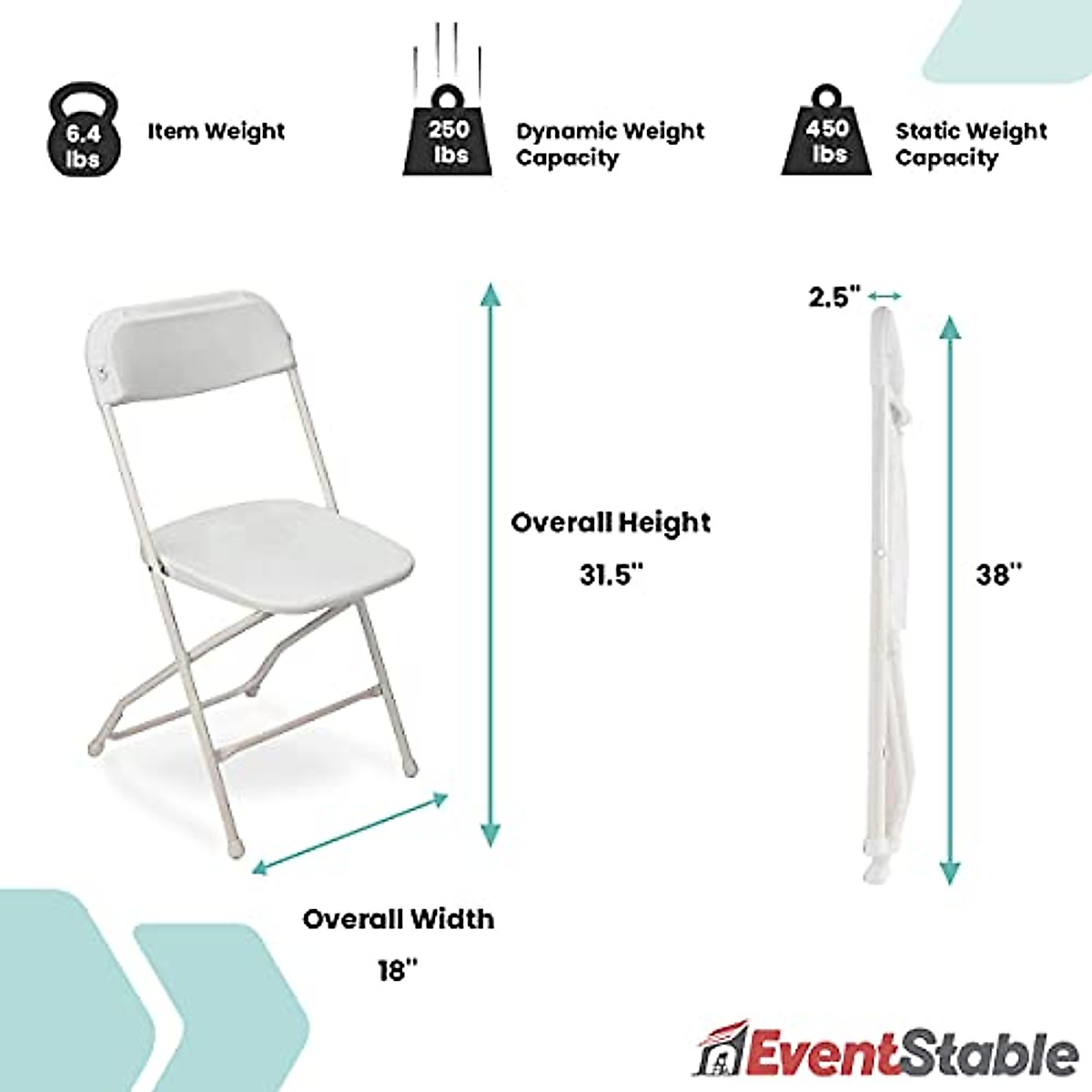EventStable TitanPRO White Plastic Folding Chair - Lightweight Foldable Outdoor Chair - Durable Patio Chairs - Chairs Set for Parties Banquet Events - 10 Pack