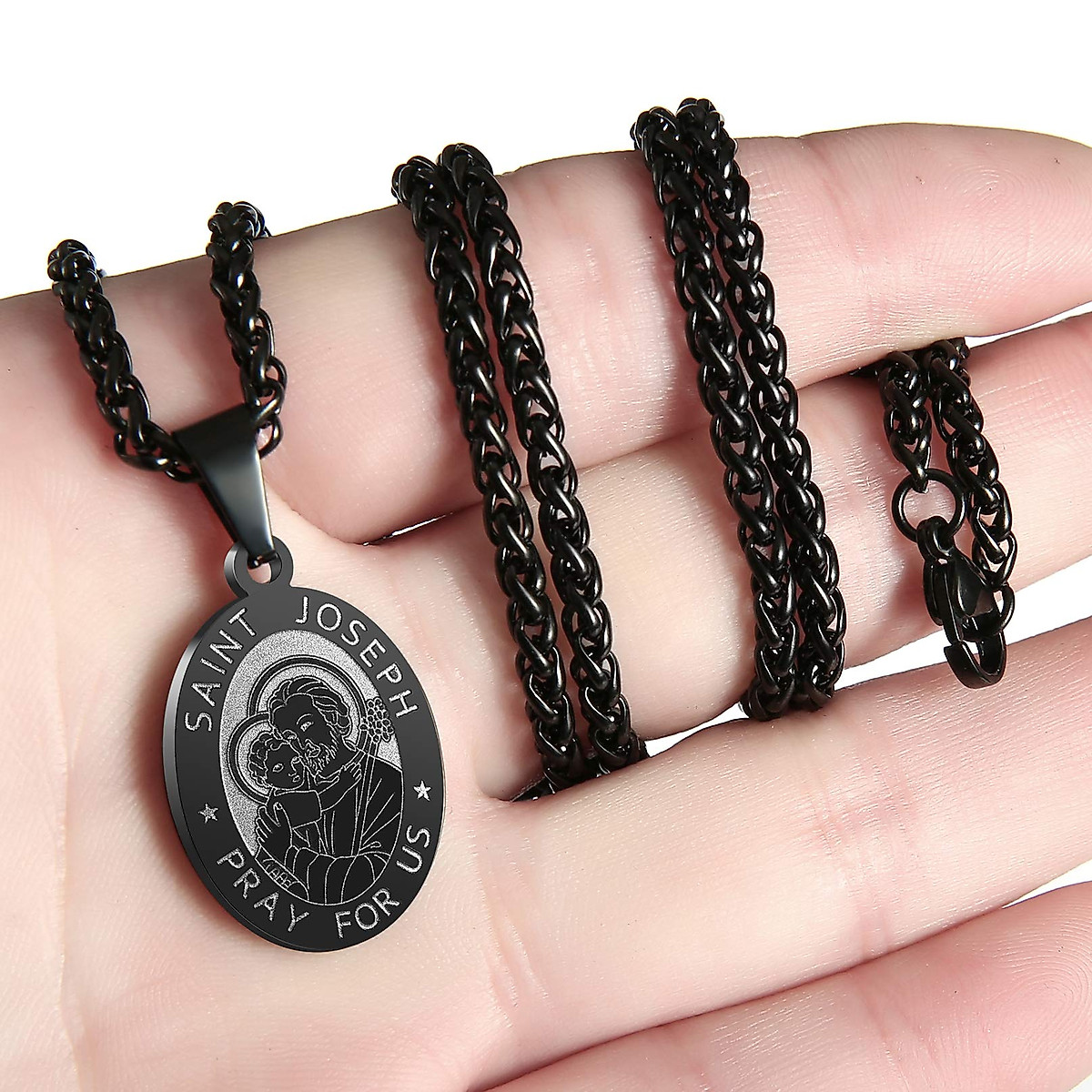 RS Black St Saint Joseph Medal Necklace for Men Boys Stainless Steel Pendant Chain Catholic Religious Baptism First Communion Confirmation Jewelry Gifts Teen Teenage Him Son