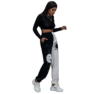 SOLY HUX Women's Graphic Letter Print Elastic Waist Sweatpants Color Block Cozy Running Joggers Pants Black White Sun S