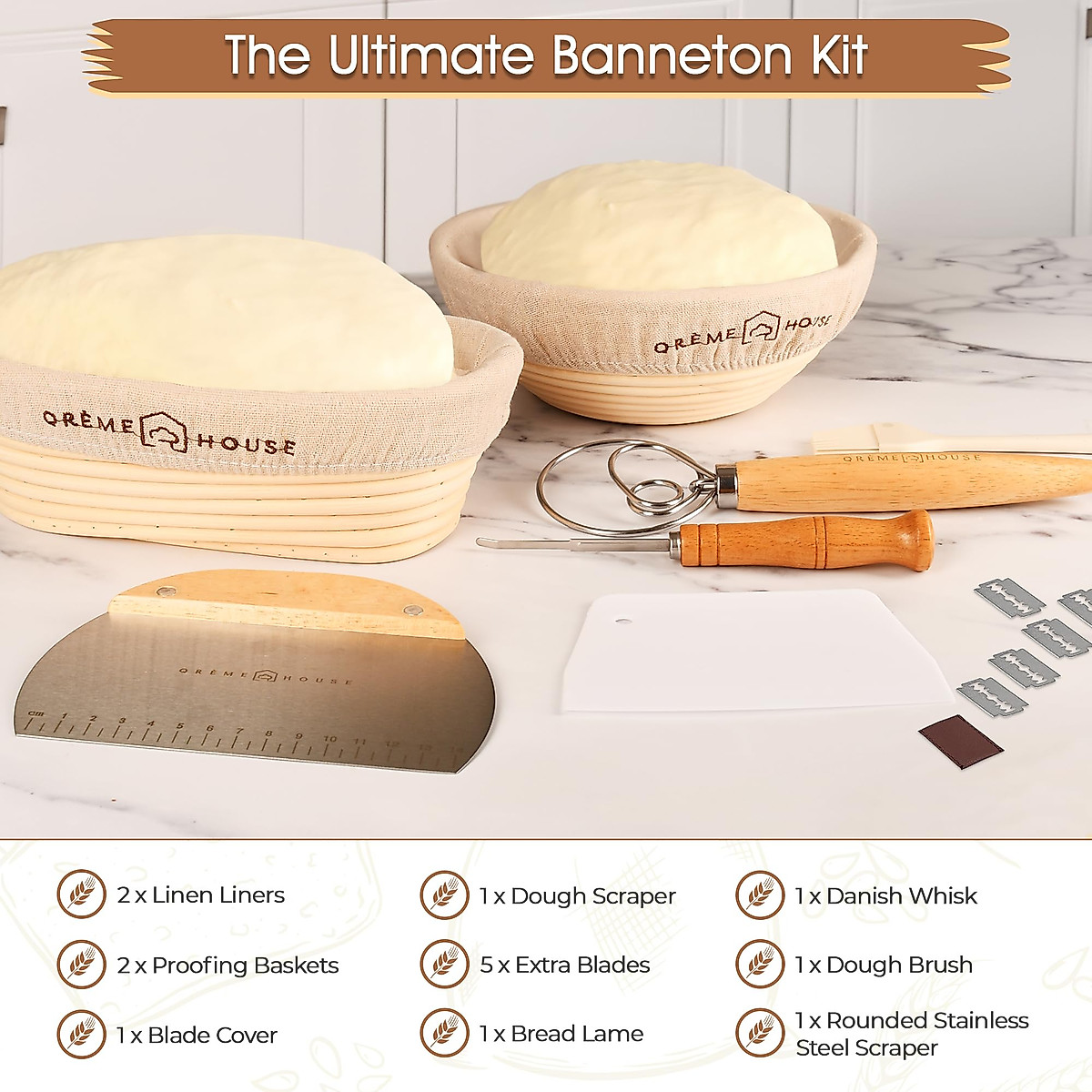 Sourdough Proofing Baskets For Bread Baking Set of 2 - Round 9" & Oval 10" - Qrème House Premium Banneton Bread Proofing Basket Kit For Easy Artisan Bread Making With Bread Lame, Dough Whisk & Scraper
