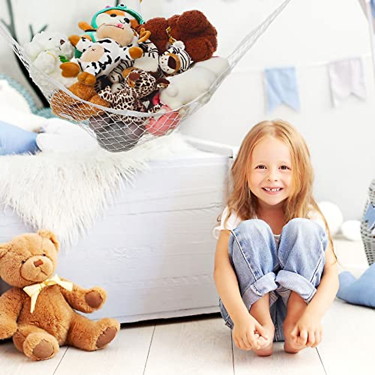 Shappy 2 Pack Stuffed Animal Toy Hammock with LED Light Large Organizer Display Holder Net Boho Corner Hanging Storage 13 Feet String and Hooks for Nursery Bedroom Kids Room Decor