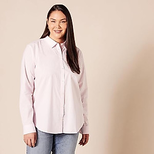 Amazon Essentials Women's Classic-Fit Long-Sleeve Button-Down Poplin Shirt, Pink Stripe, Large