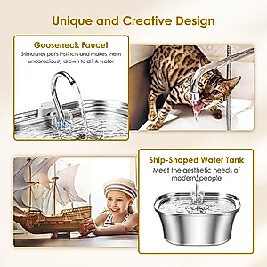 Cat Water Fountain, 3.2L/108oz Automatic Stainless Steel Pet Water Fountain, Ship-Shaped Cat Drinking Fountains Pet Water Bowl Dispenser with Ultra-Quiet Pump for Cats, Pets, Dishwasher Safe