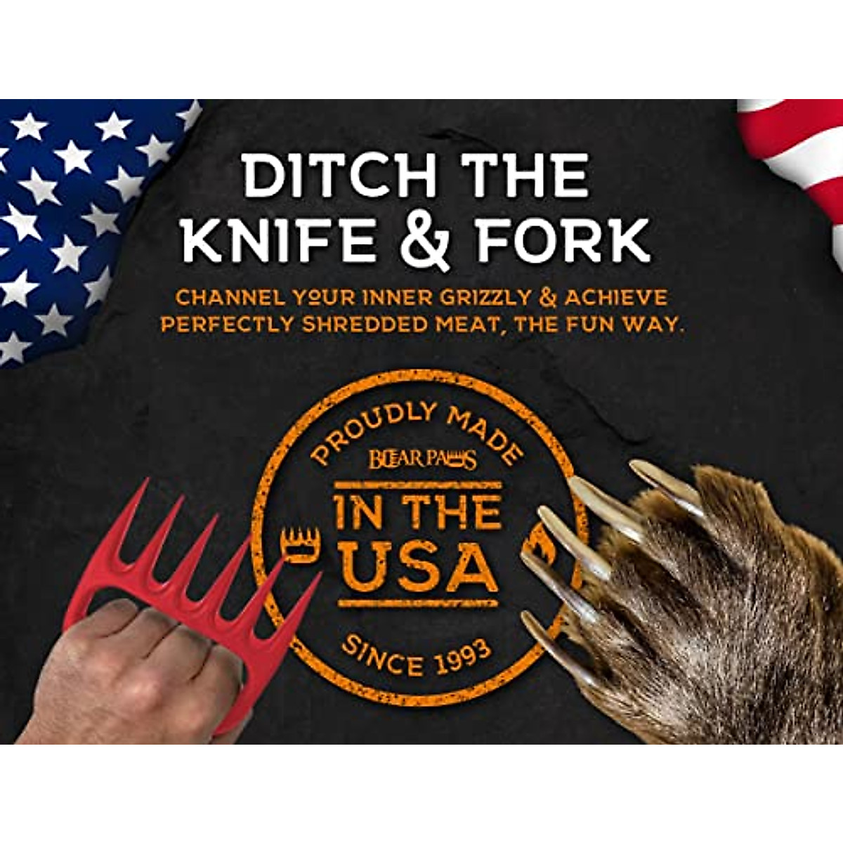 Bear Paws Meat Claws - The Original Meat Shredder Claws, USA Made - Easily Lift, Shred, Pull and Serve Meats - Ultra-Sharp, Ideal Meat Claws for Shredding Pulled Pork, Chicken, Beef and Turkey - Red