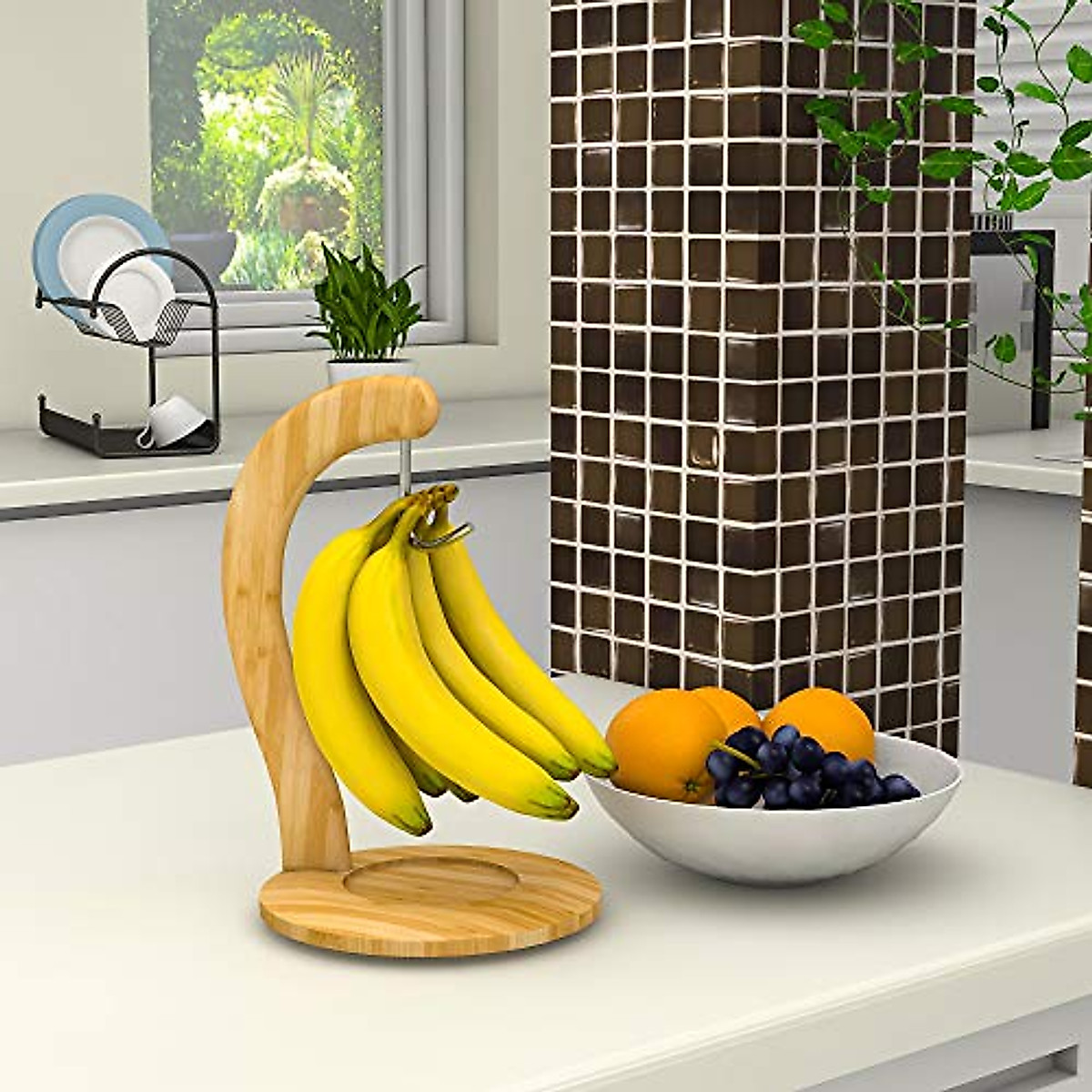 Banana Hanger Bamboo Holder Stand - Sturdy Display with Hook for Home or Bar, Countertop Fruit Storage,Natural Color