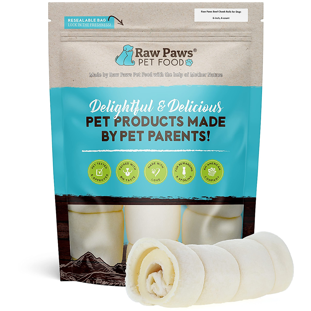 Raw Paws Beef Cheek Rolls for Dogs - 6 inch, 4-ct - Packed in USA - Rawhide Alternative Dog Chews - Free-Range Cow Cheek Rolls for Dogs - Retriever Rolls for Small Dogs to Large Dogs - Dog Beef Cheeks