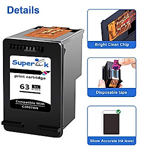 SuperInk Remanufactured Ink Cartridge Compatible for HP F6U64AN 63XL 63 XL 63 (Black, 1-Pack)