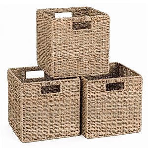 11x11x11in Seagrass Storage Baskets, Woven Baskets for Storage, Large Cube Wicker Storage Basket for Shelves Set of 3, Wicker Storage Basket, Bedroom, Living Room