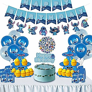 3-Tier Blue Themed Cupcake Stand, Stitch Birthday Decoration Round Dessert Stand, Stitch Party Supplies Cupcake Display for Boys Girls Birthday Baby Shower