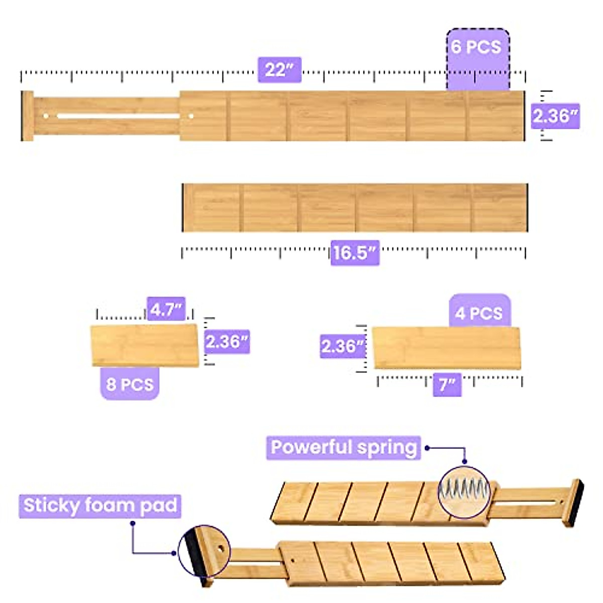 NuStar Technology 6 Pack Bamboo Drawer Dividers with 12 inserts – 16.3-22 Inches Expandable and Adjustable Drawer Dividers for Baby Clothes, Kitchen, Office, Organizer, with Non-Skid Grip
