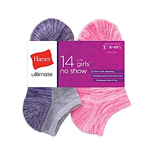 Hanes Ultimate girls Cool Comfort No Show, 14-pack fashion liner socks, Assorted, Medium US