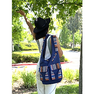 Navy Blue Cross Body Shoulder Bag with Woven Tribal Accent Design Large