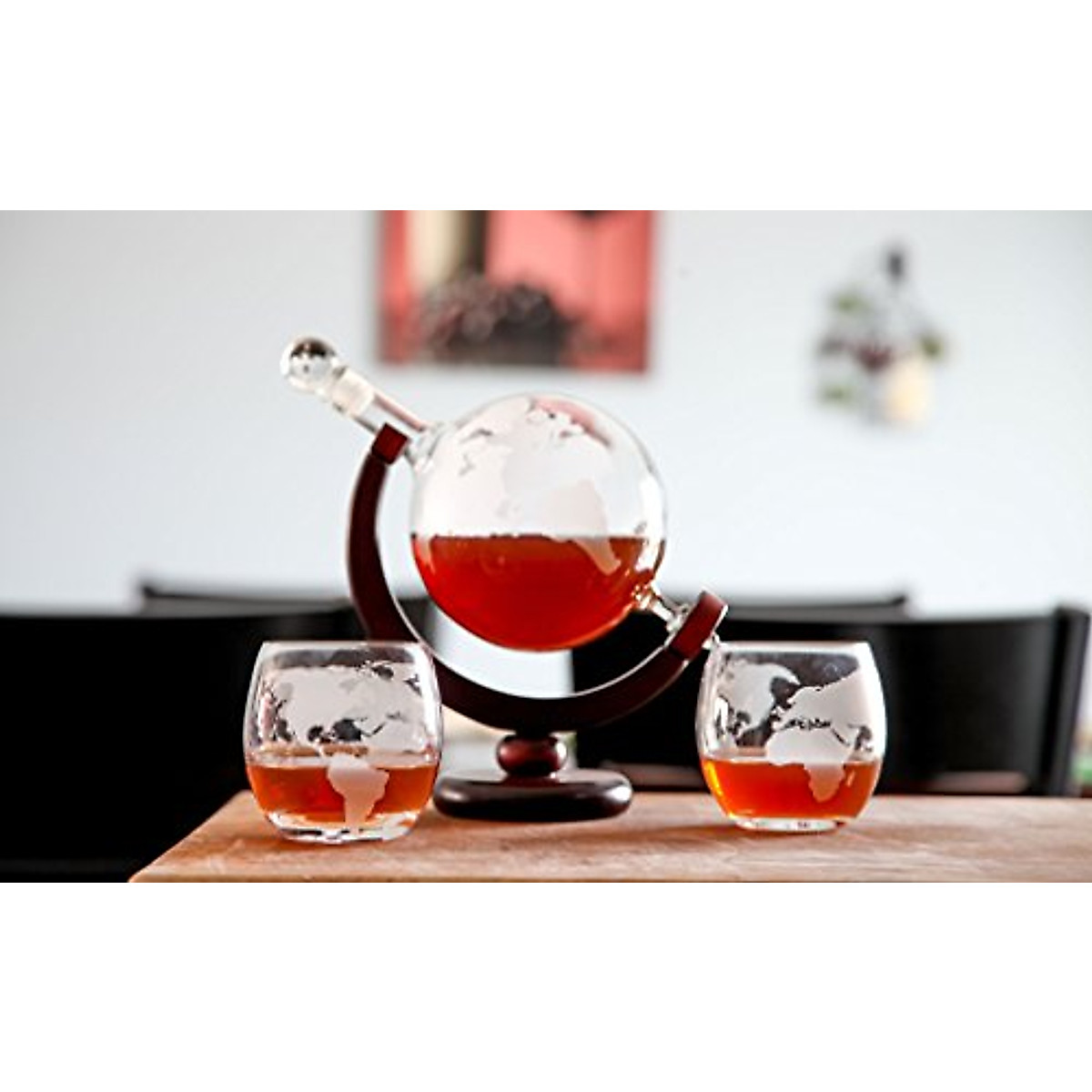 Lily's Home World Globe Whiskey Decanter with Dark Finished Wood Stand, Bar Funnel, and 2 Matching Glasses (850 ml)