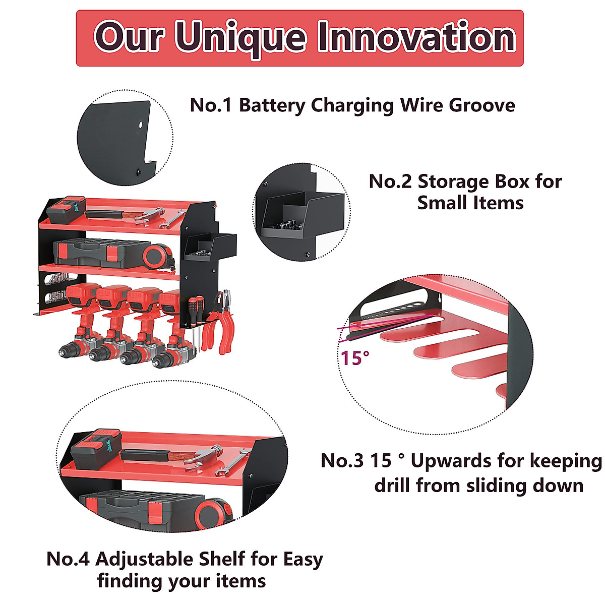 Luffioner Drill Storage Rack，Power Tool Organizer Drill Holder Wall Mount， Drill Organizer for Garage, Workshop,Drill Bit Storage Shlef, Holds 4 Drills with Screws Box (Red)