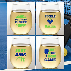Set of 4 Shatterproof Stemless CUSTOM 16 oz Plastic Wine Glasses MADE in the USA (PICKLEBALL SAYINGS)