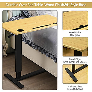 BeGyoku Overbed Table,Hospital Bed Table,Pneumatic Bed Tables Adjustable Over The Bed with Hidden Wheels&USB,Mobile Laptop Table Cart&Rolling Bedside Table with Tray Hospital Home Use-Oak