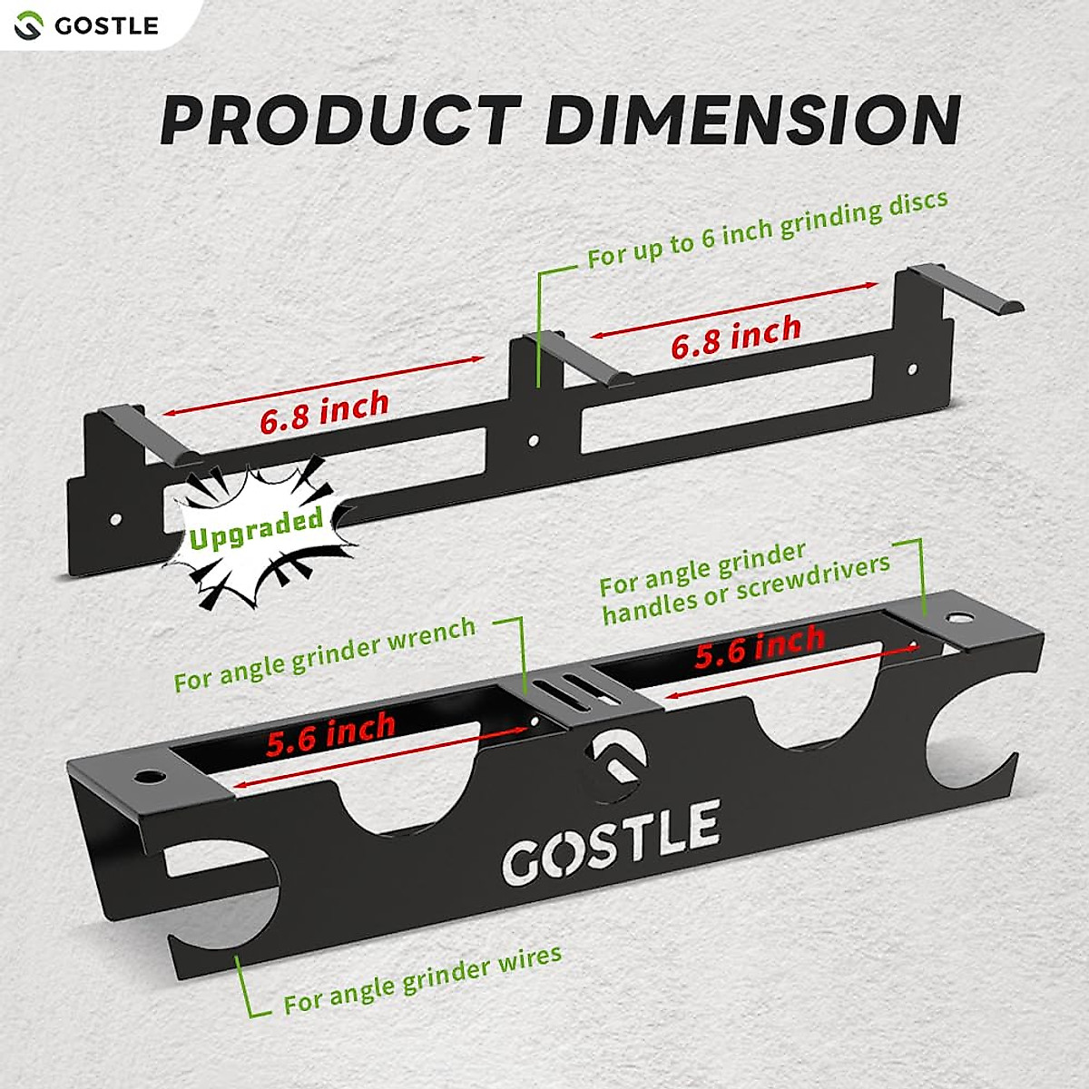 gostle 2 Bay Angle Grinder Holder with Discs Hook Rack, Grinders Power Tools Holder Storage Rack, Wall Mount Organizer Bracket for Cutters Polishers with Cord Hanger and Hooks