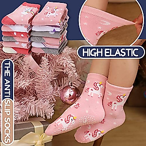 Baby Girls Toddlers Grips Socks Kids Non Slip/Anti Skid Unicorn Striped Crew Cotton Socks 12 Pairs Gift Stocking Stuffers (Girl's-Unicorn Pink(12 Pairs),3-5 Y)