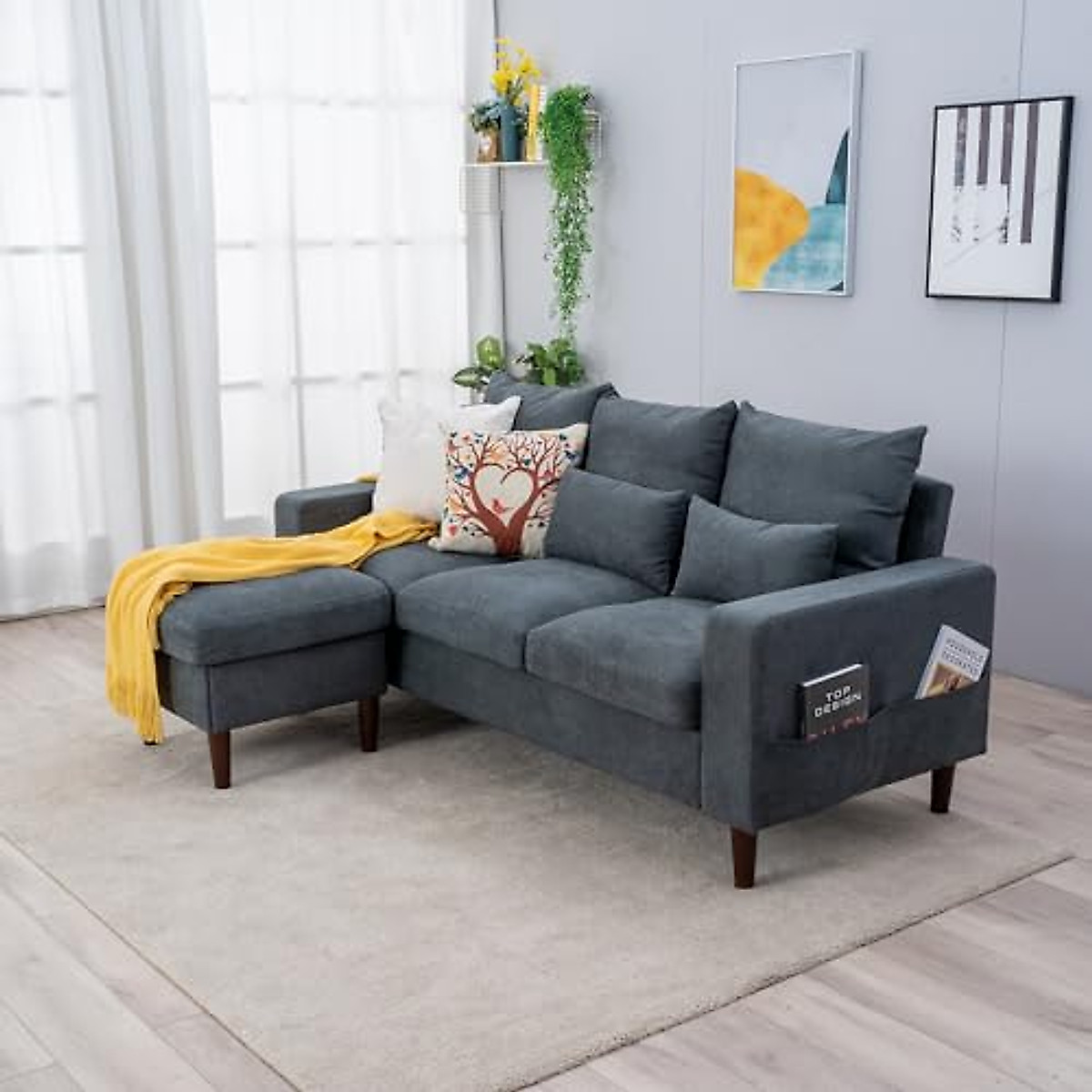 Panana Convertible Sectional Sofa Small Couch L-Shaped 3 Seat Linen Fabric Sofa for Small Space (Grey)
